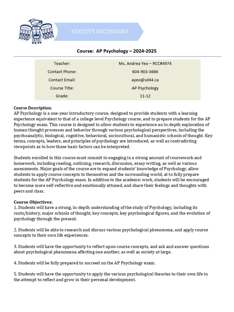 AP Psychology Course Syllabus 2024 2025 For STUDENTS and PARENTS | PDF ...