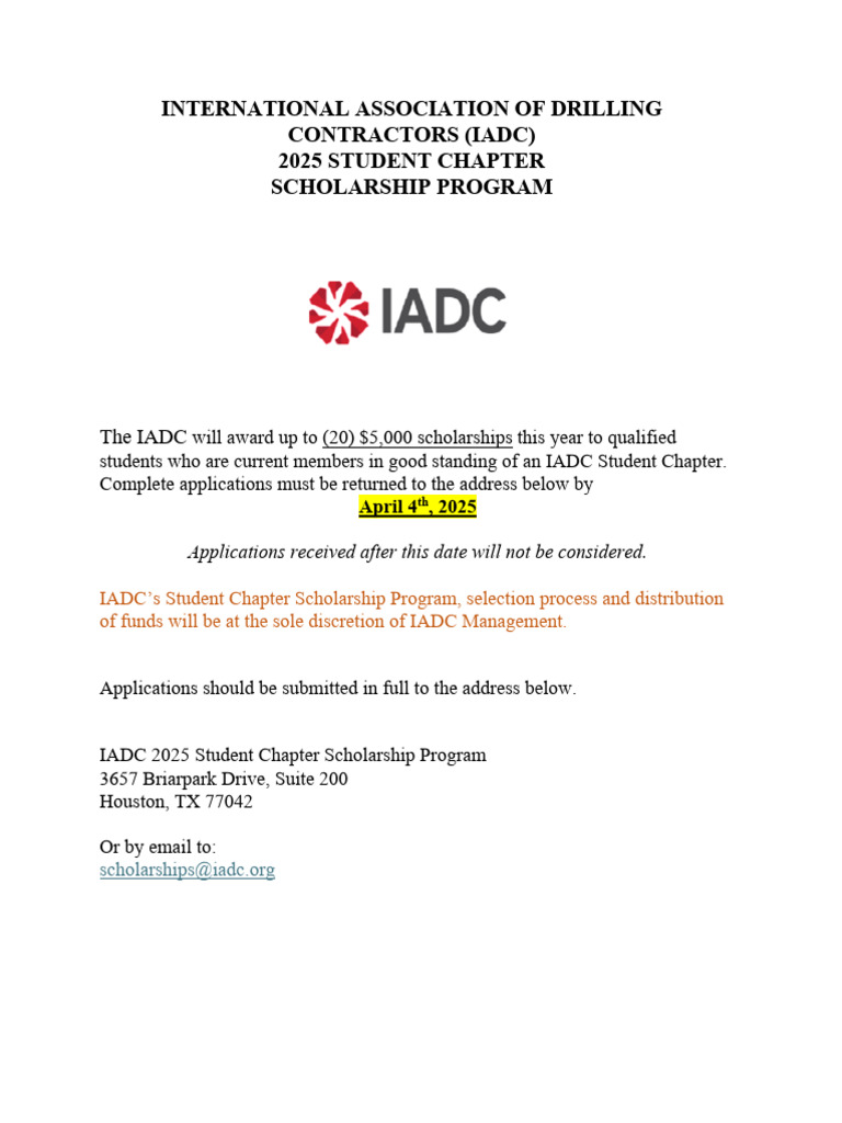 2025 IADC Student Chapter Scholarship Application Draft - Fillable Form ...