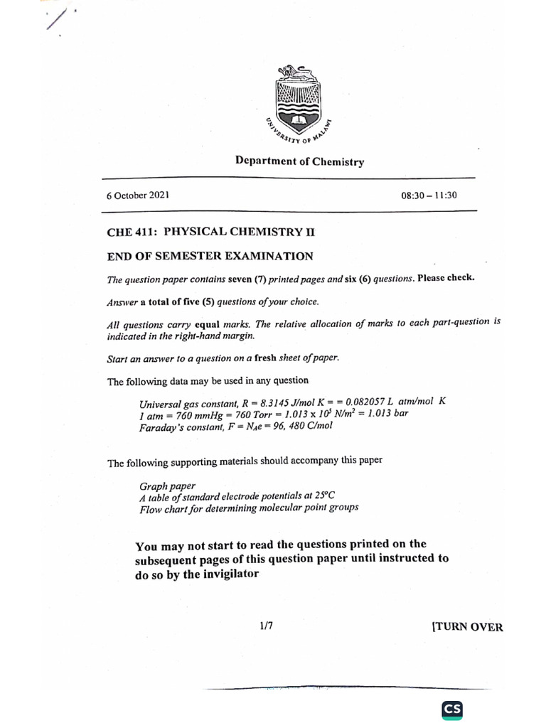 Che 411 End of Sem 1 2021 | PDF