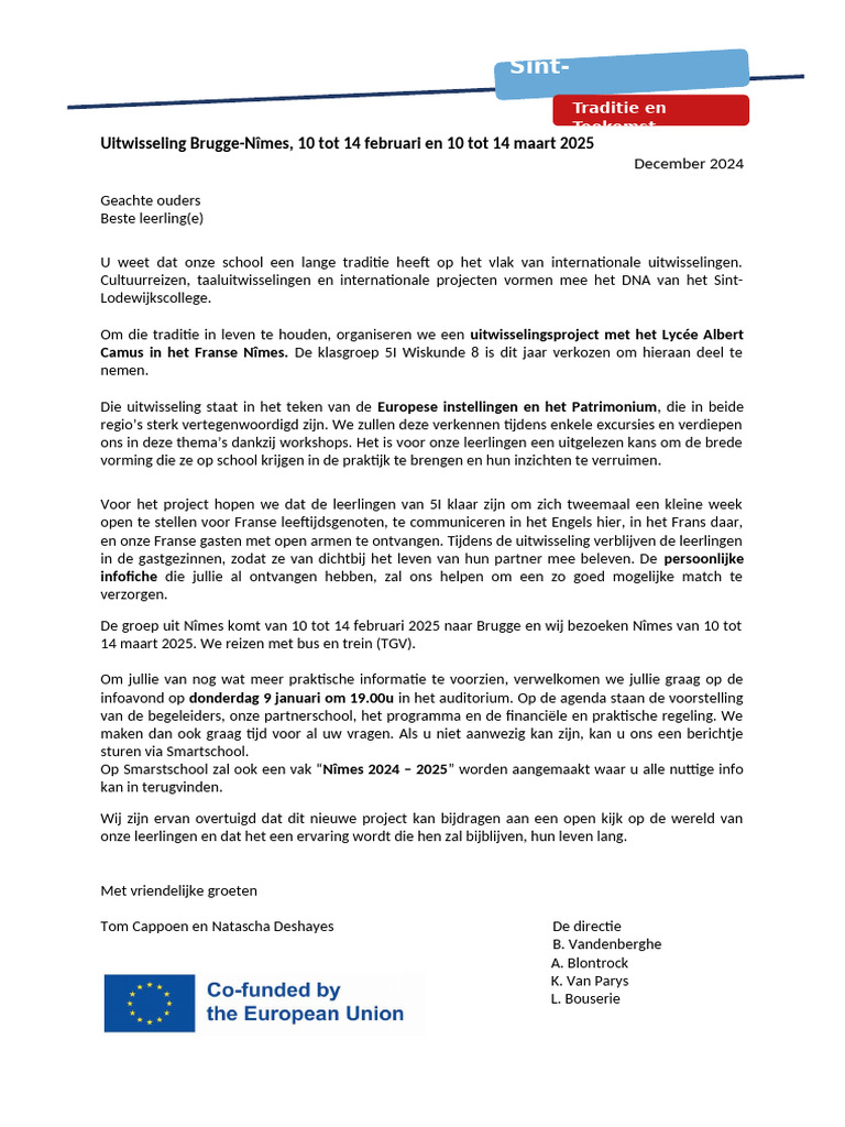 Uitwisseling Brugge Nîmes brief ouders | PDF