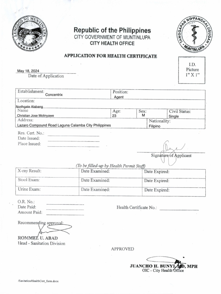 Muntinlupa Health Certificate Application | PDF