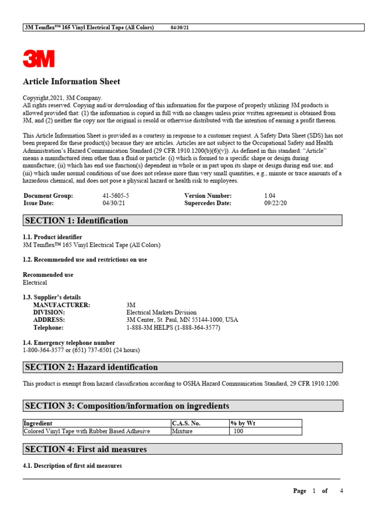 MSDS - 3M Temflex Vinyl Electrical Tape 165 (2021) | PDF | Hazards | Occupational Safety And Health