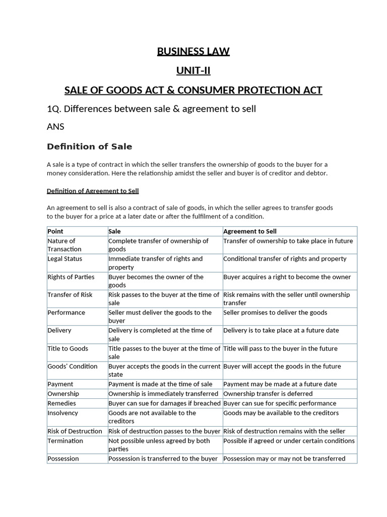 Sale of Goods Act: Key Concepts Explained | PDF | Breach Of Contract ...