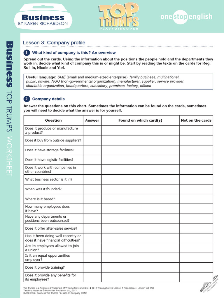 Business Top Trumps: Company Profile Worksheet | PDF | Business | Companies