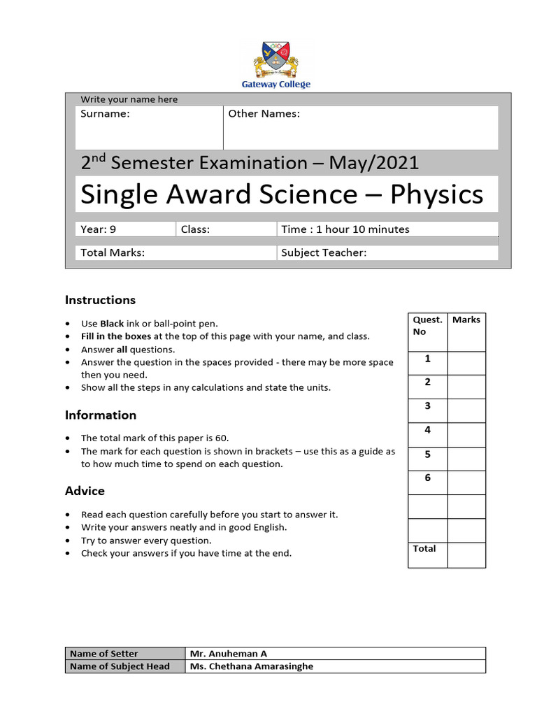 May2021 - Yr9 - SS Physics | PDF | Light | Waves