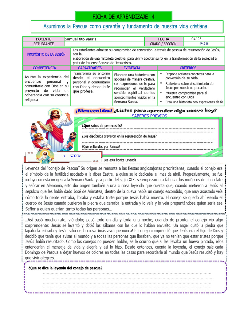 4° A B Religión - Ficha de Aprendizaje 4 | PDF | Jesús | Pascua de ...