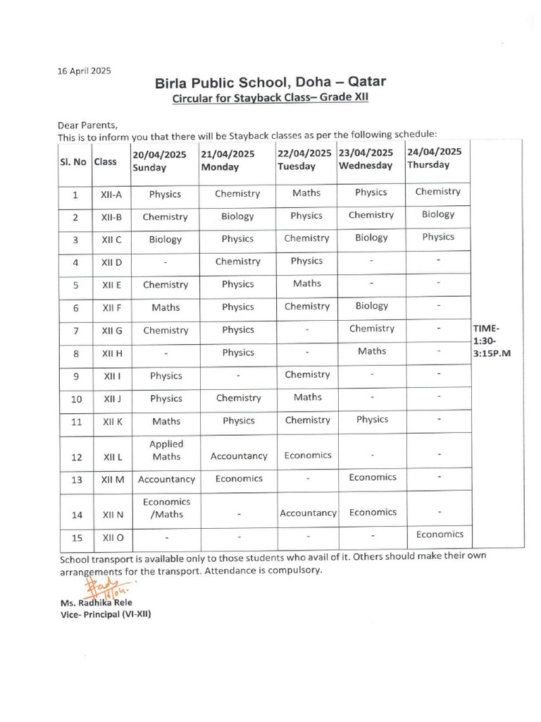 Stayback Circular - Grade Xii (20 April To 24 April) | PDF