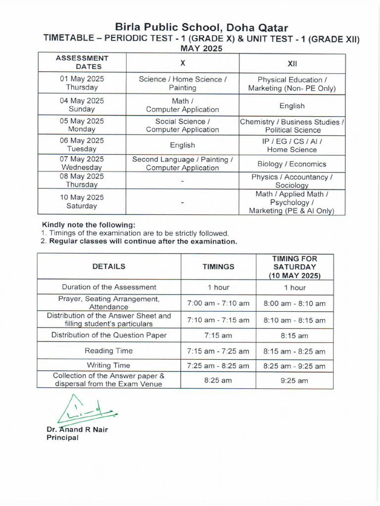 Timetable For PT 1 For Gr. X UT 1 For Gr. XII - May 2025 | PDF