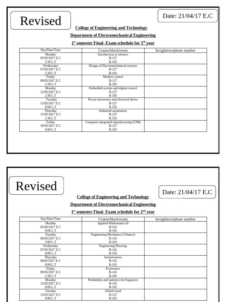 Revised Final-Exam Schedule - 1st Semester - 2017 | PDF | Engineering ...