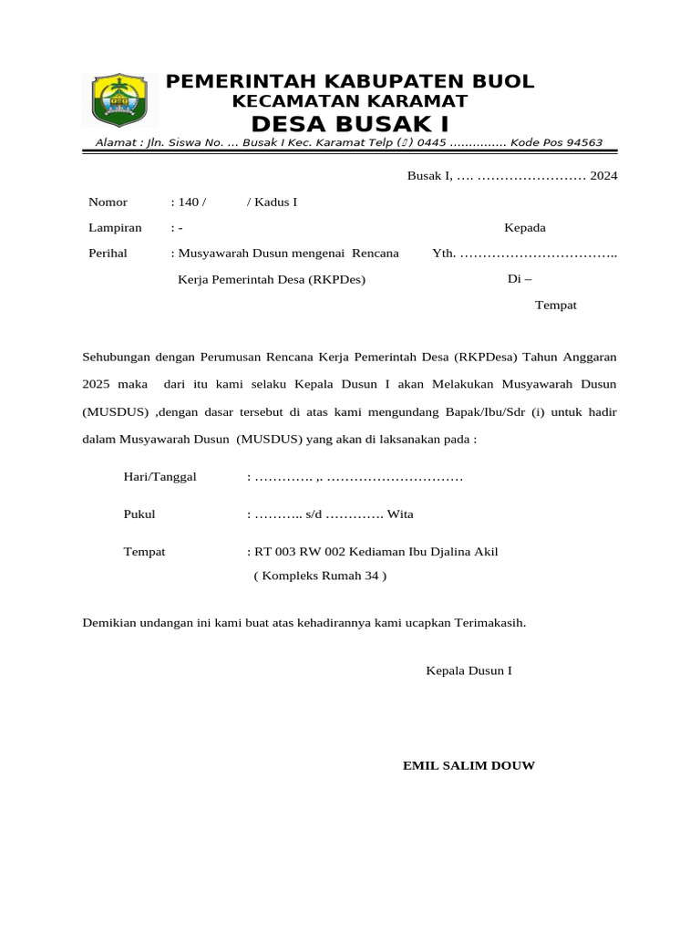 Undangan Musyawarah Dusun RKPDes 2025 | PDF