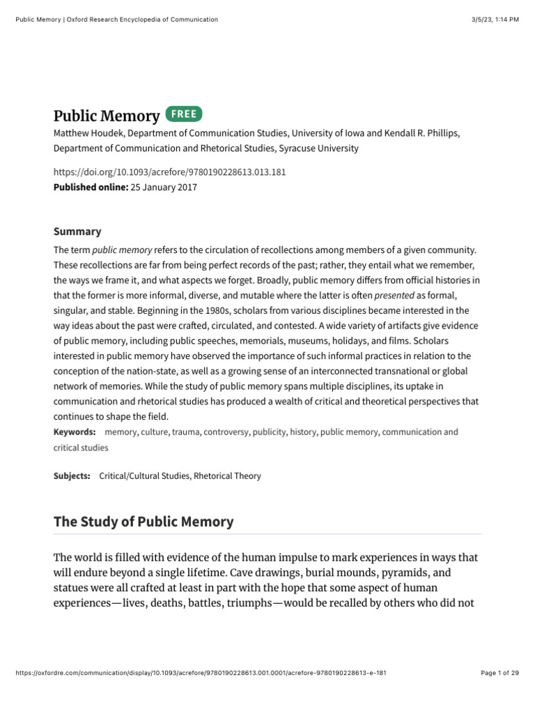 Public Memory - Oxford Research Encyclopedia of Communication | PDF
