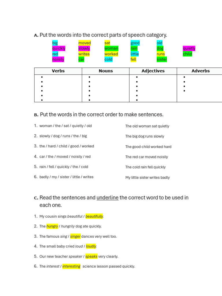 Put The Words Into The Correct Parts of Speech Category | PDF