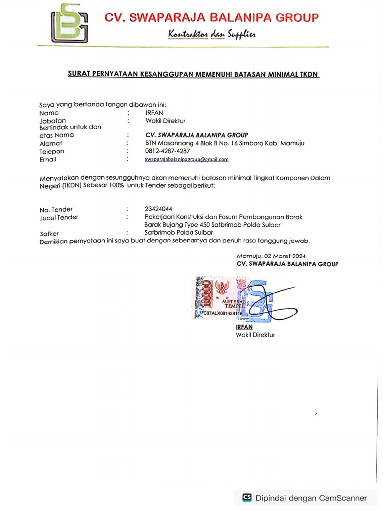 SURAT PERNYATAAN PEMENUHAN TKDN | PDF