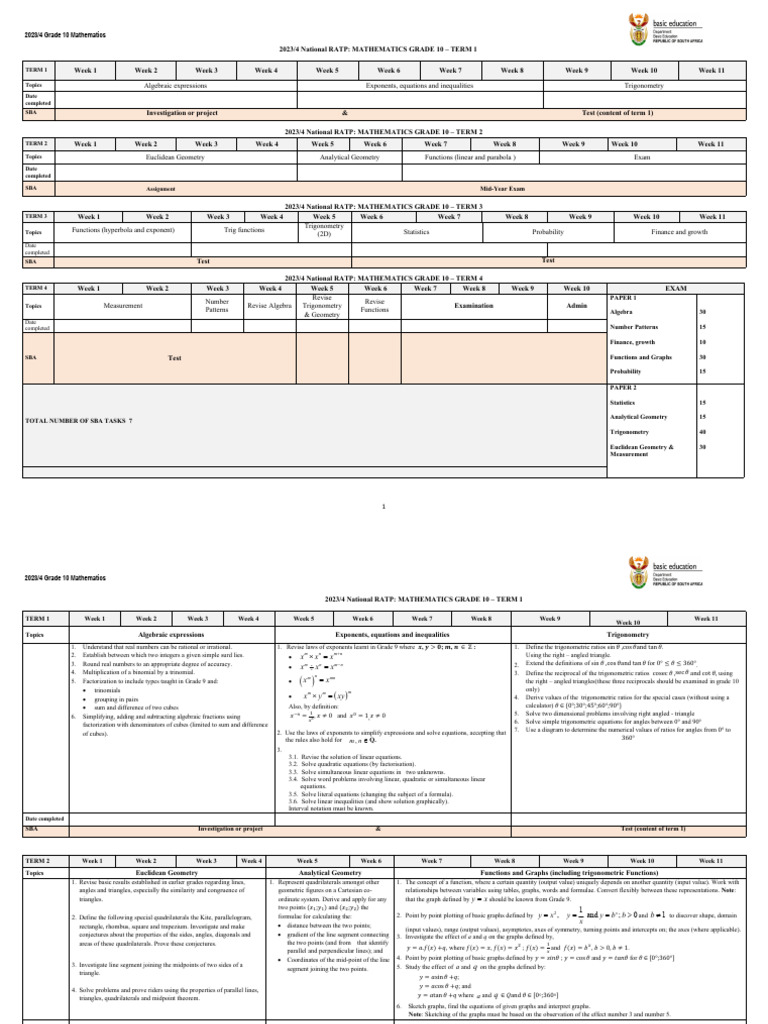 Grade 10 Mathematics ATP 2025 Overview | PDF | Equations | Geometry