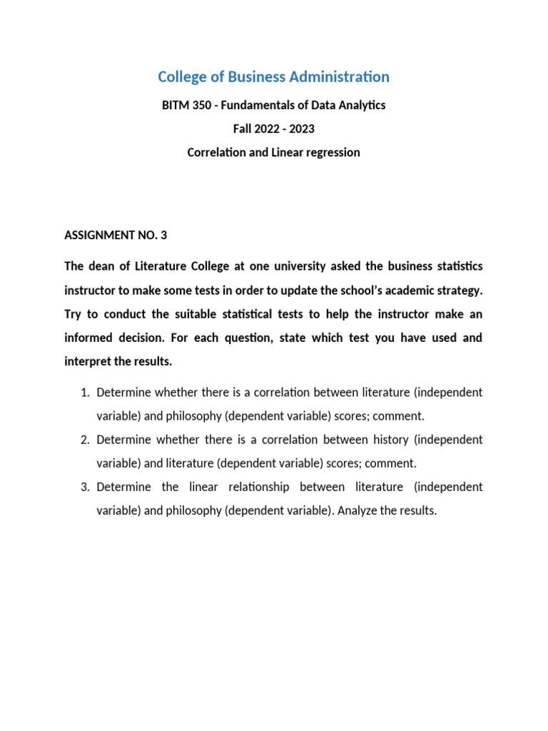 Assignment No. 3 - Correlation and Linear Regression | PDF