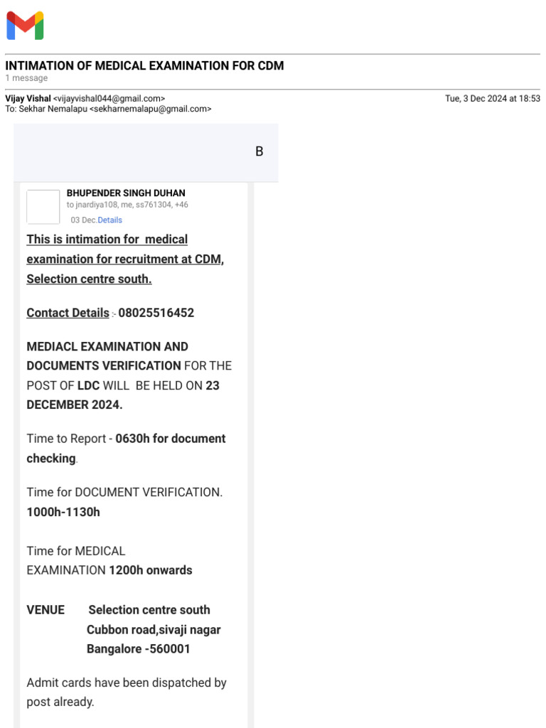 Gmail - INTIMATION OF MEDICAL EXAMINATION FOR CDM | PDF