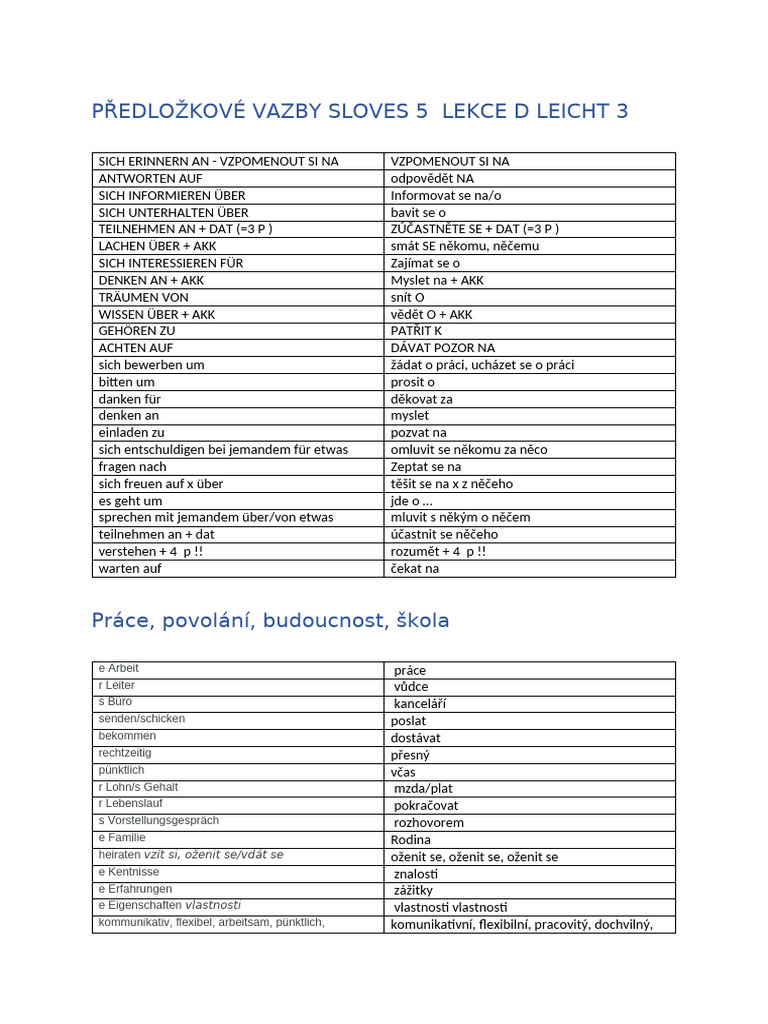 PŘEDLOŽKOVÉ VAZBY SLOVES, Práce, Přídavná Jména | PDF