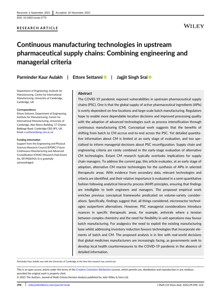 Continuous Manufacturing Techs in Upstream Pharma SC Combining Eng and ...