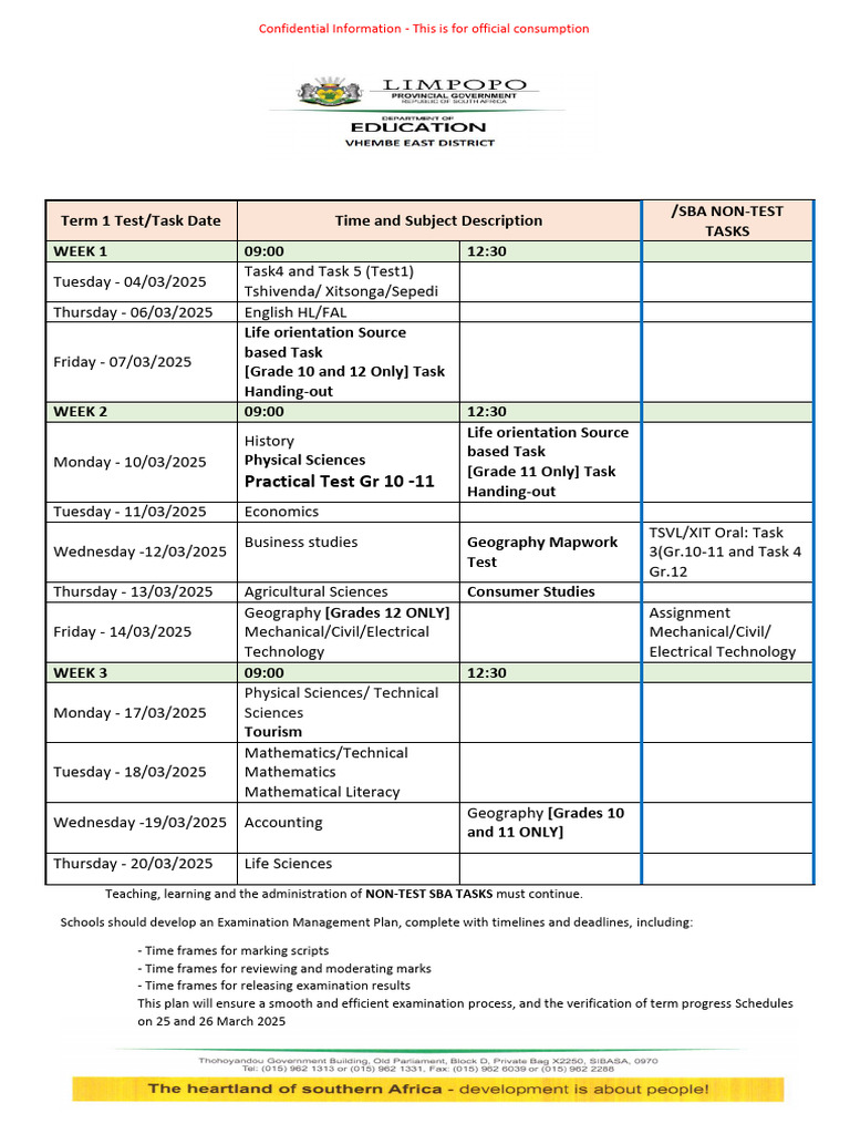 Grade 10-12 Term 1 Test Timetable 2025 | PDF | Science