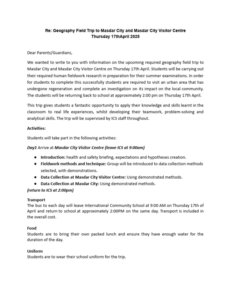 Geography Fieldtrip - Parent Letter Masdar City | PDF