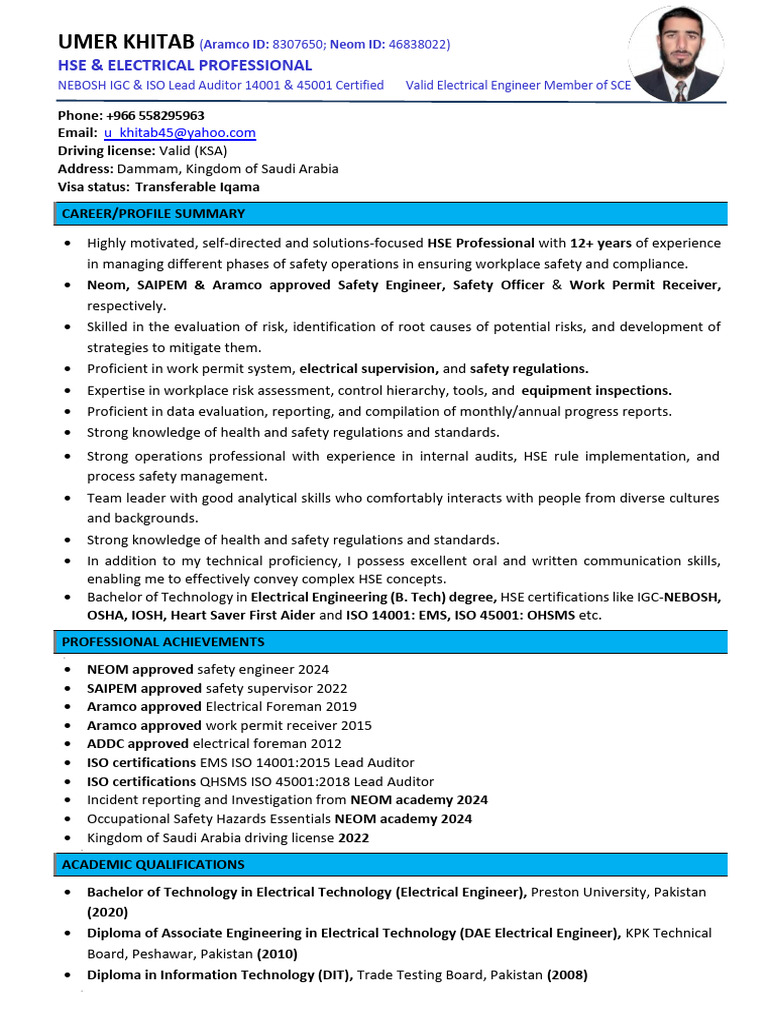 Umer Khitab - CV (HSE Professional) | PDF | Safety | Occupational Safety And Health