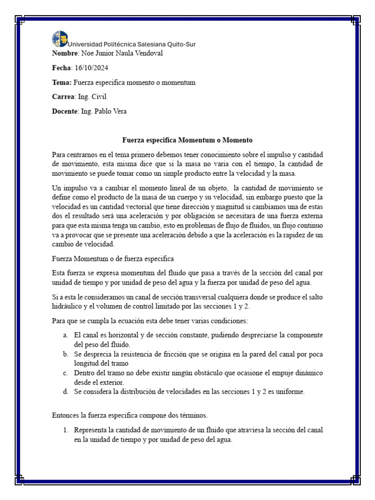 Fuerza Especifica Noe Naula Hidraulica | PDF | Fuerza | Impulso