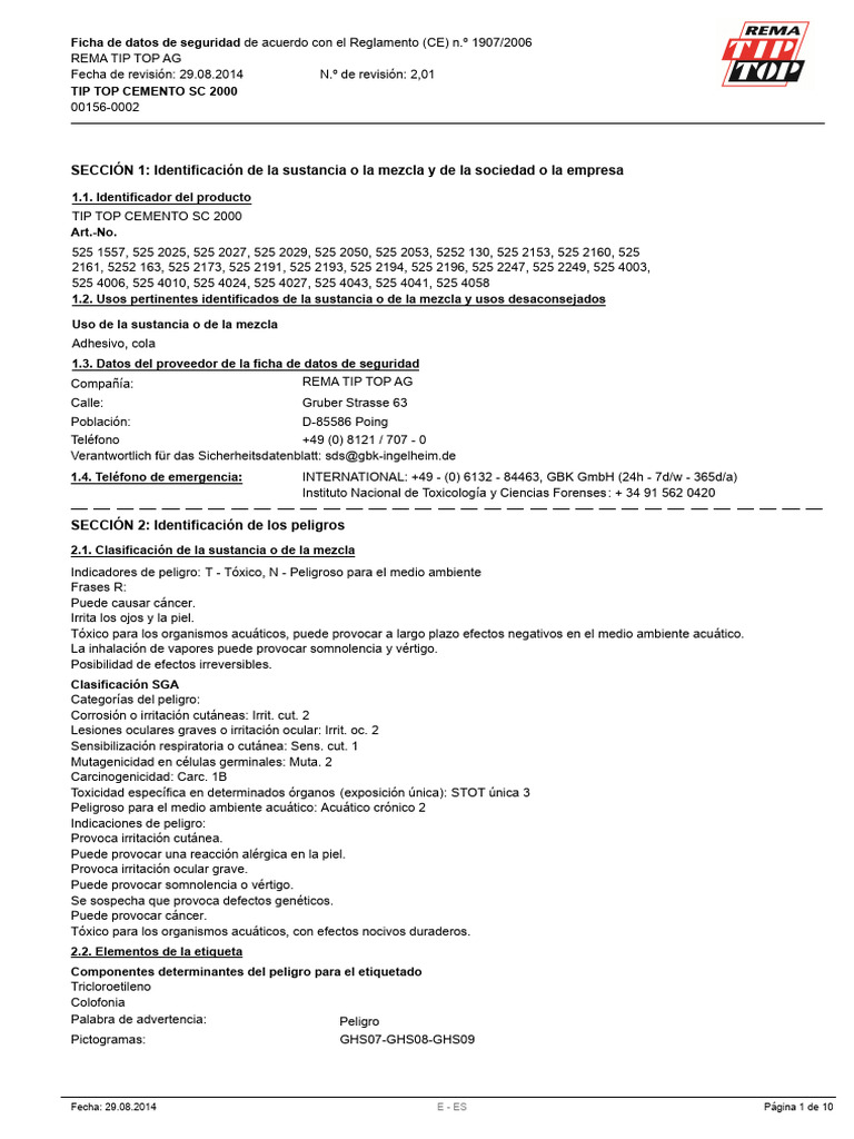 Material Safety Data Sheet MSDS SC2000 TipTop | PDF | Residuos | Toxicidad