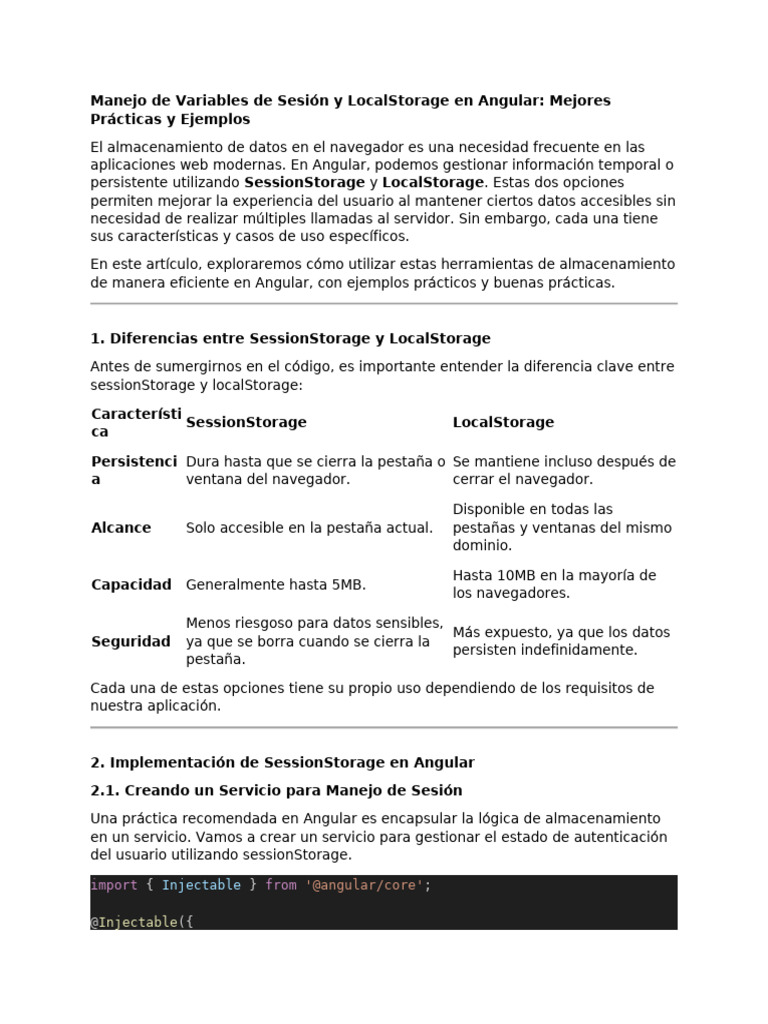 Manejo de Variables de Sesión y LocalStorage en Angular | PDF ...