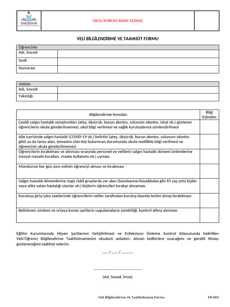 Fr-001 Veli Bilgilendirme Ve Taahhut Formu | PDF