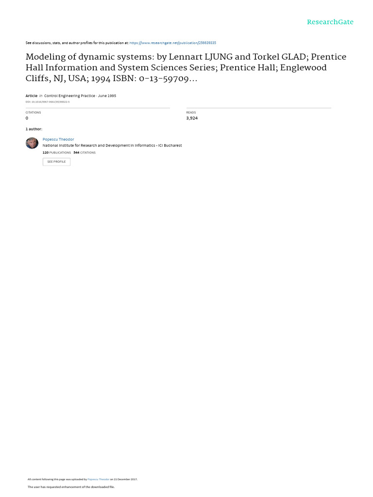 Modeling of Dynamic Systems by Lennart LJUNG and Torkel GLAD 1995 ...