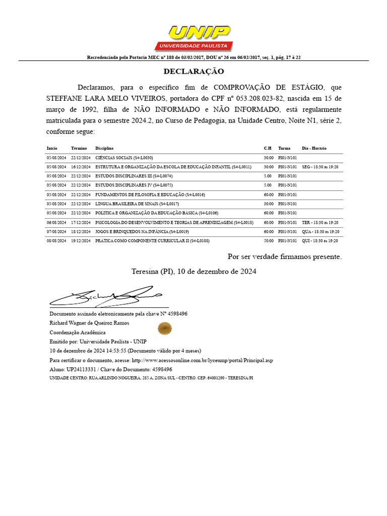 Declaração de Estágio - Steffane Melo | PDF | Pedagogia | Educação em ...