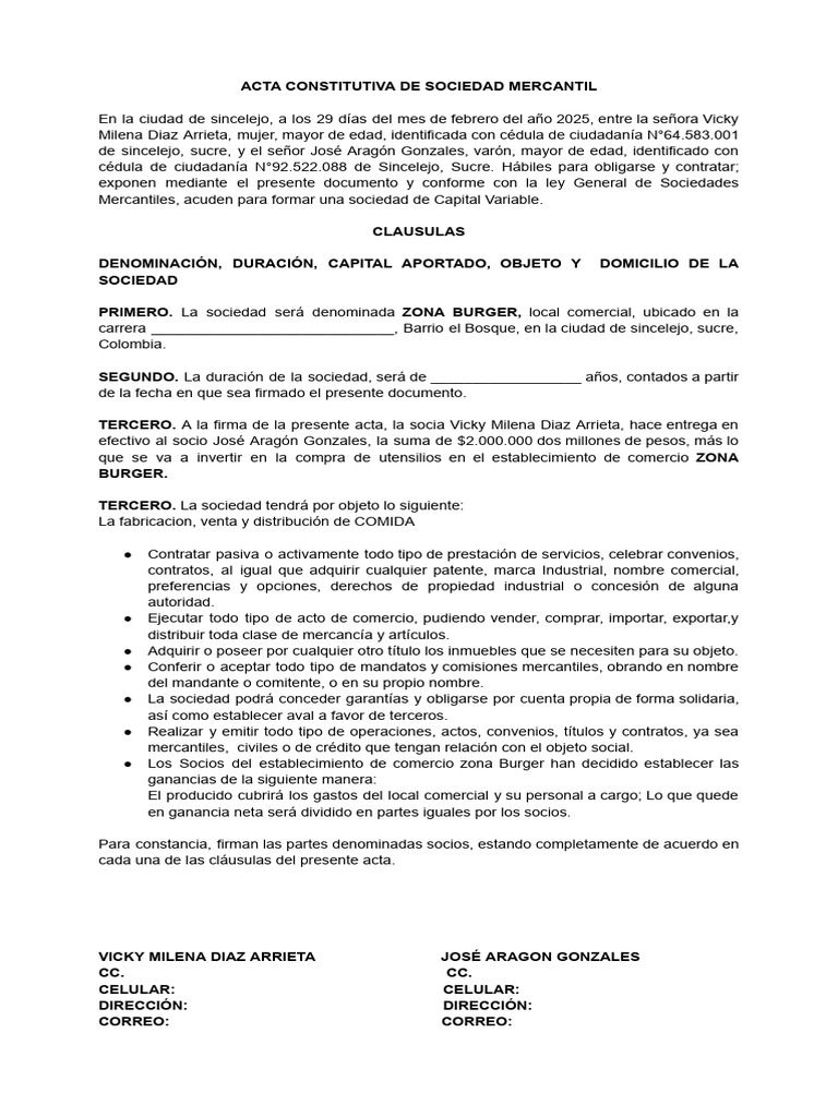 Acta Constitutiva de Sociedad Mercantil | PDF | Sociedad de responsabilidad limitada