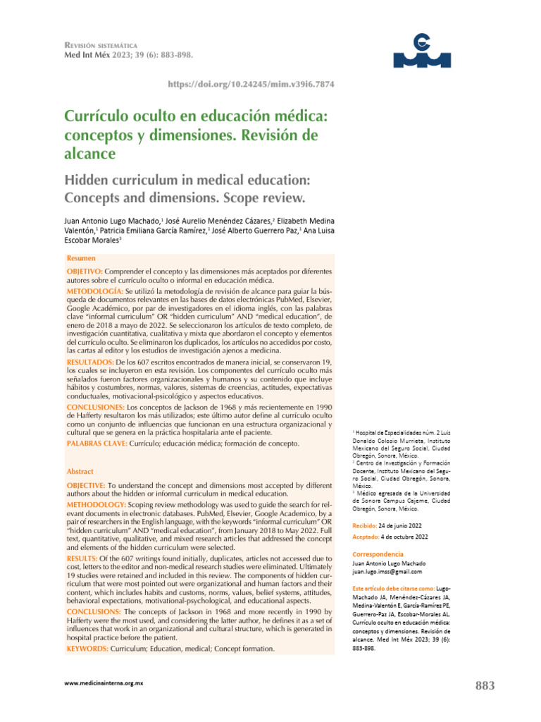 Curr Culo Oculto en Educaci N M Dica Conceptos y Dimensiones Revisi N ...