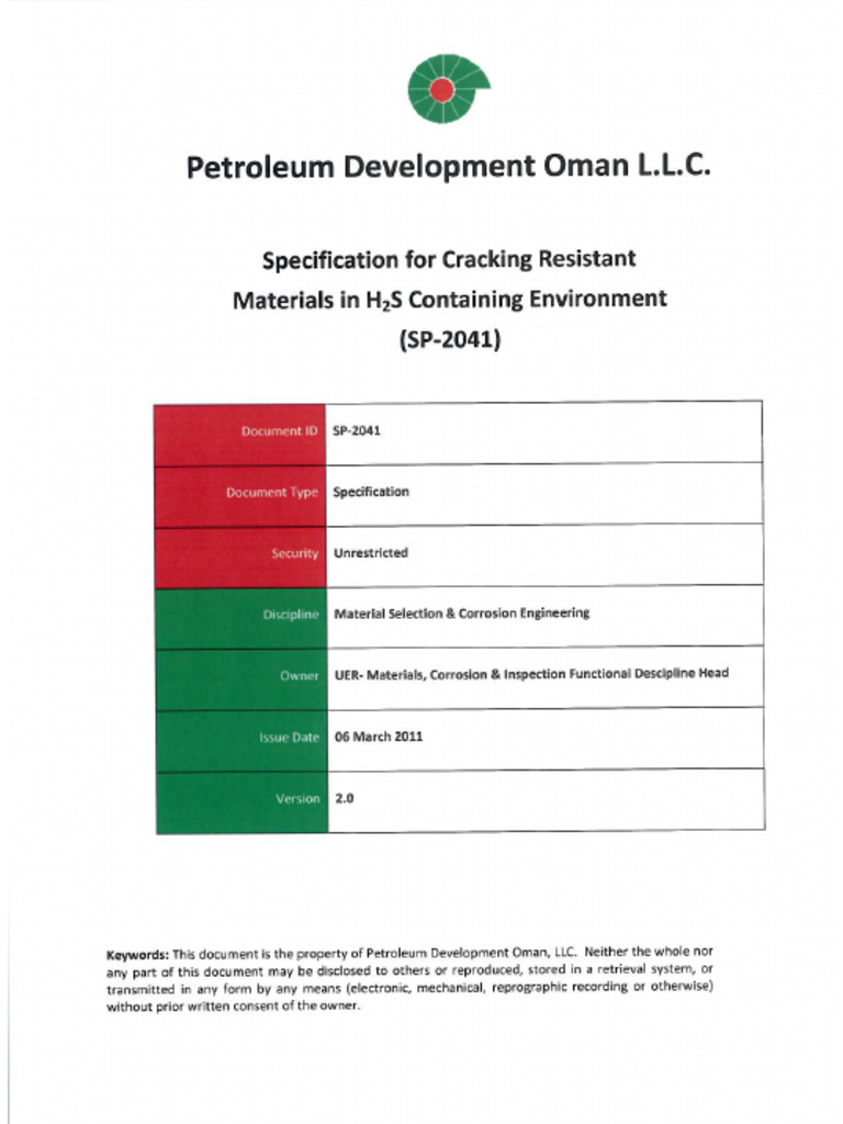 SP-2041 - Selection of Cracking-Resistant Materials For H2S-Containing ...