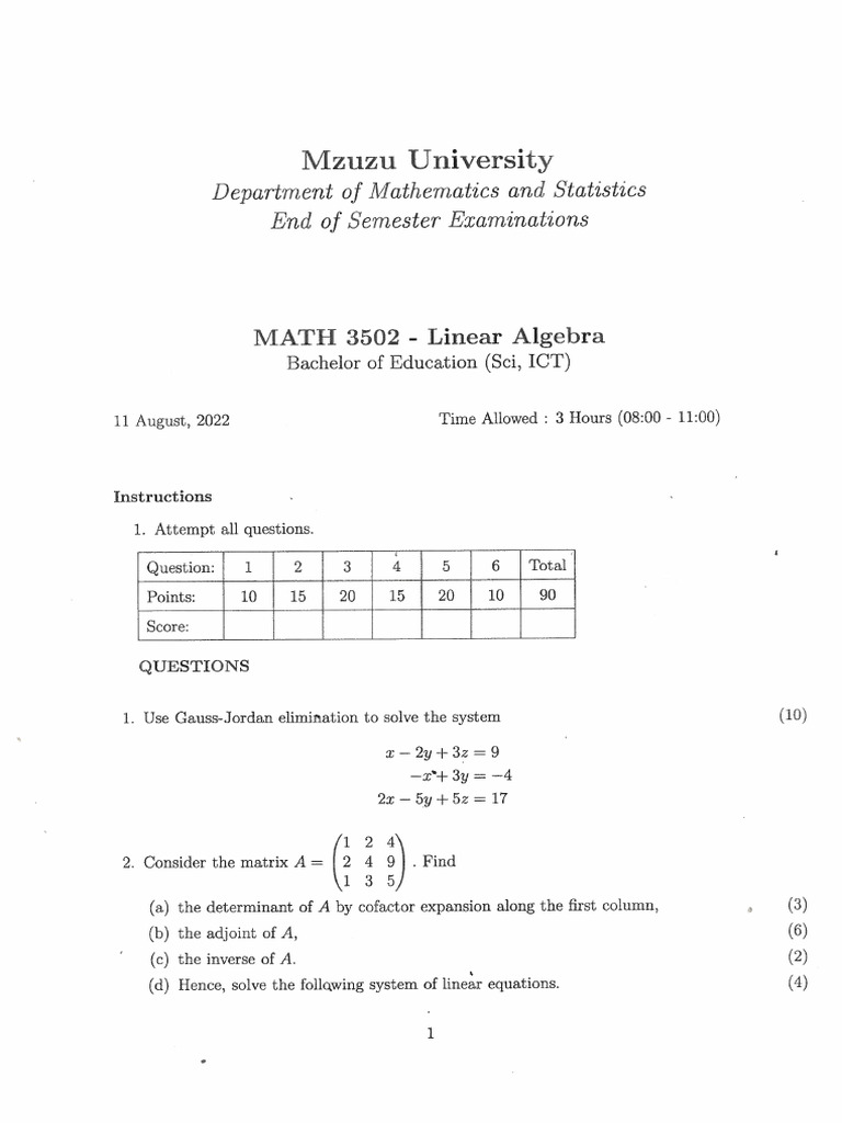Linear Algebra End of Semester Examination August 2022 | PDF