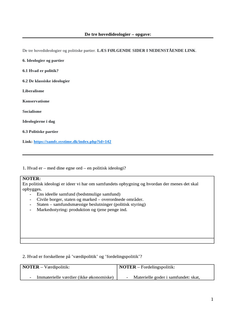 De tre hovedideologier â opgaver | PDF