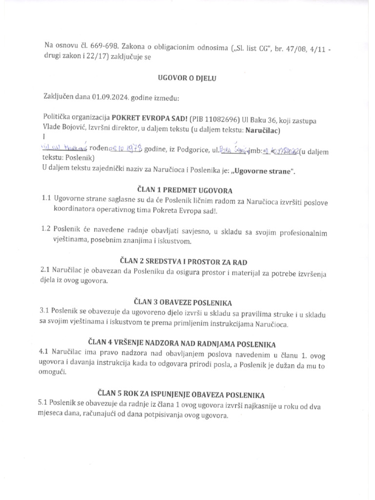 Ugovor o Djelu PES | PDF