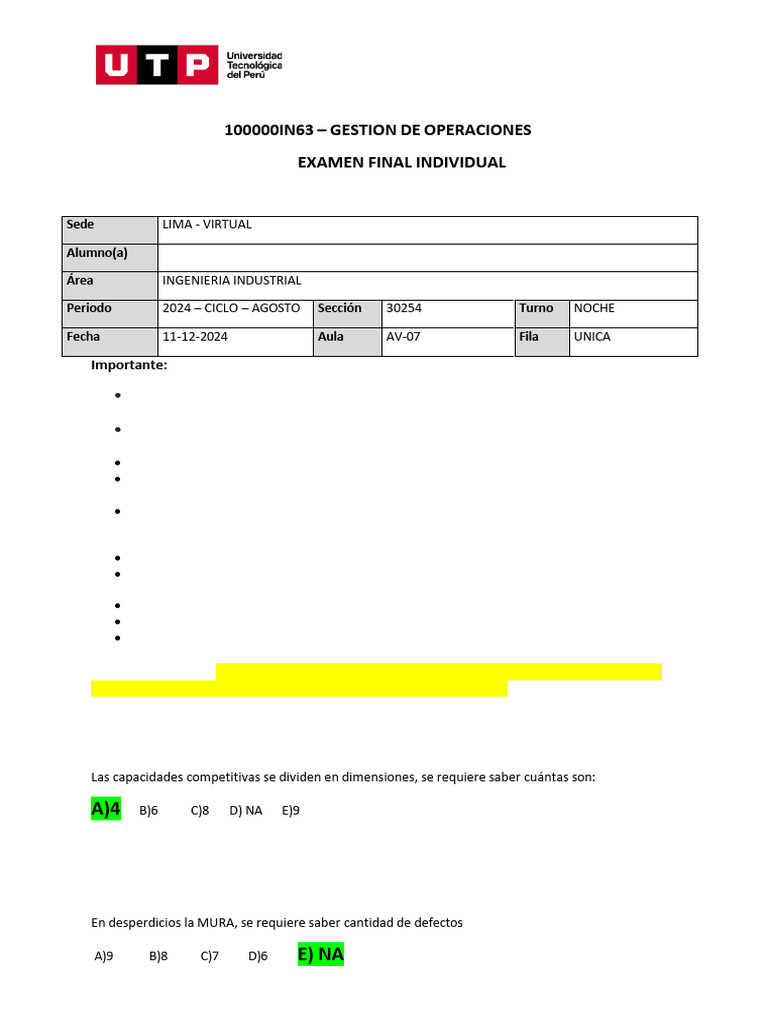 Examen Final - Gestion de Operaciones | PDF