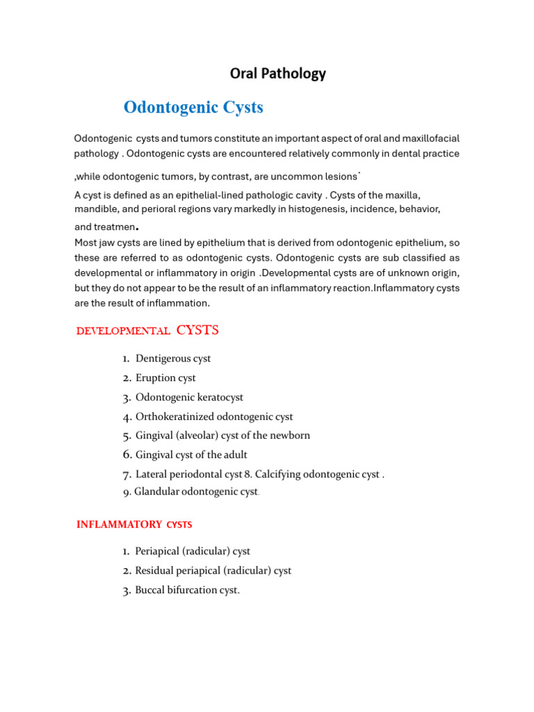Oral Pathology Odontogenic Cysts | PDF | Tooth | Dentistry