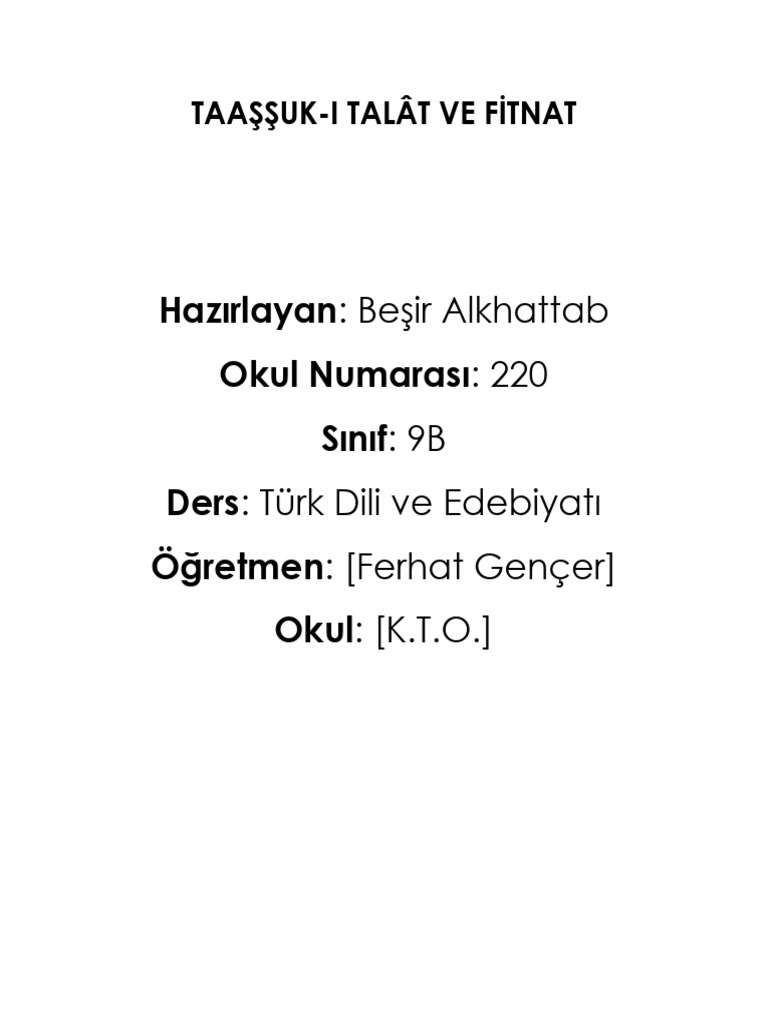 Taasuk I Talat Ve Fitnat Odev Besir Alkhattab Yeni | PDF