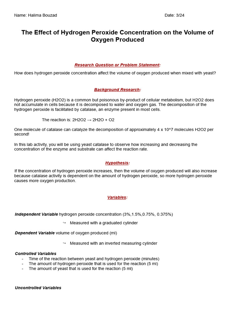 Enzyme Activity Lab Report | PDF | Catalase | Hydrogen Peroxide