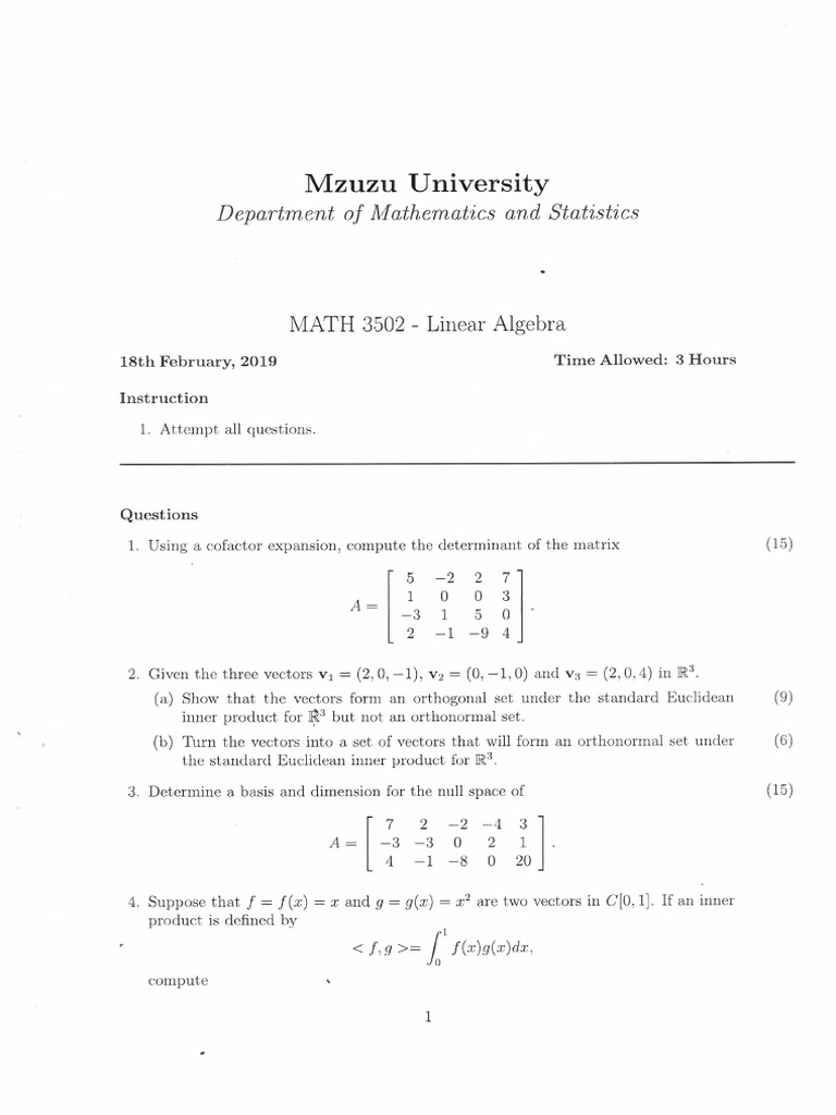 Linear Algebra End of Semester Examination February 2019 | PDF
