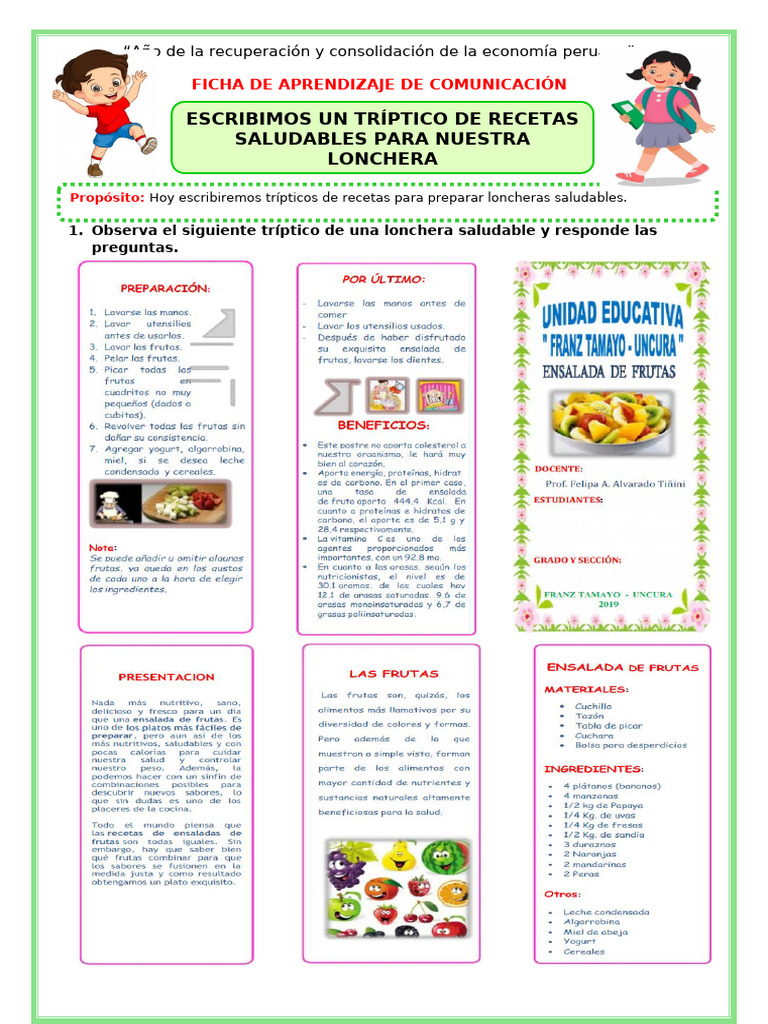 Ficha-Viern-Comun-Escribimos Un Triptico Sobre Recetas Saludables para Nuestra Lonchera | PDF ...