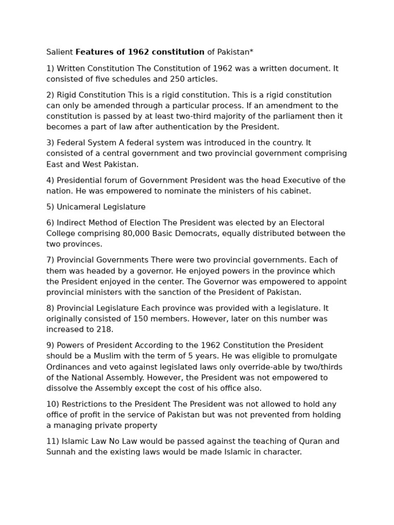 Salient Features of 1962 Pakistan Constitution | PDF | Government | Political Charters