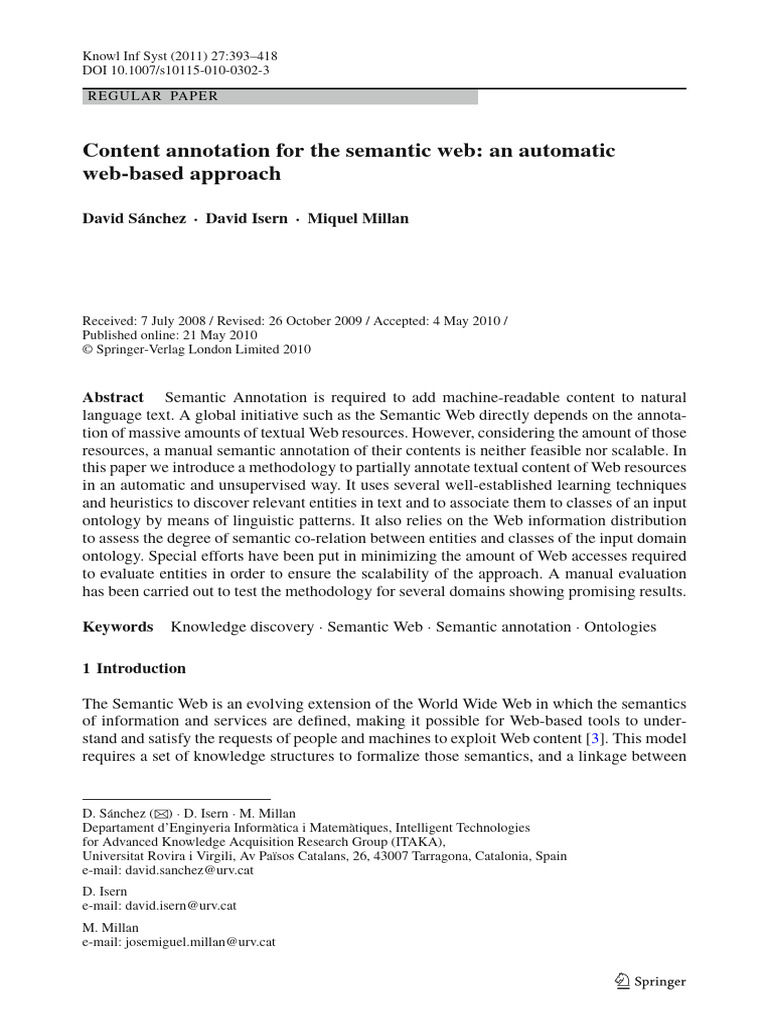 Content Annotation For The Semantic Web - Sanchez, Isern, Millan | PDF | Annotation | Ontology ...