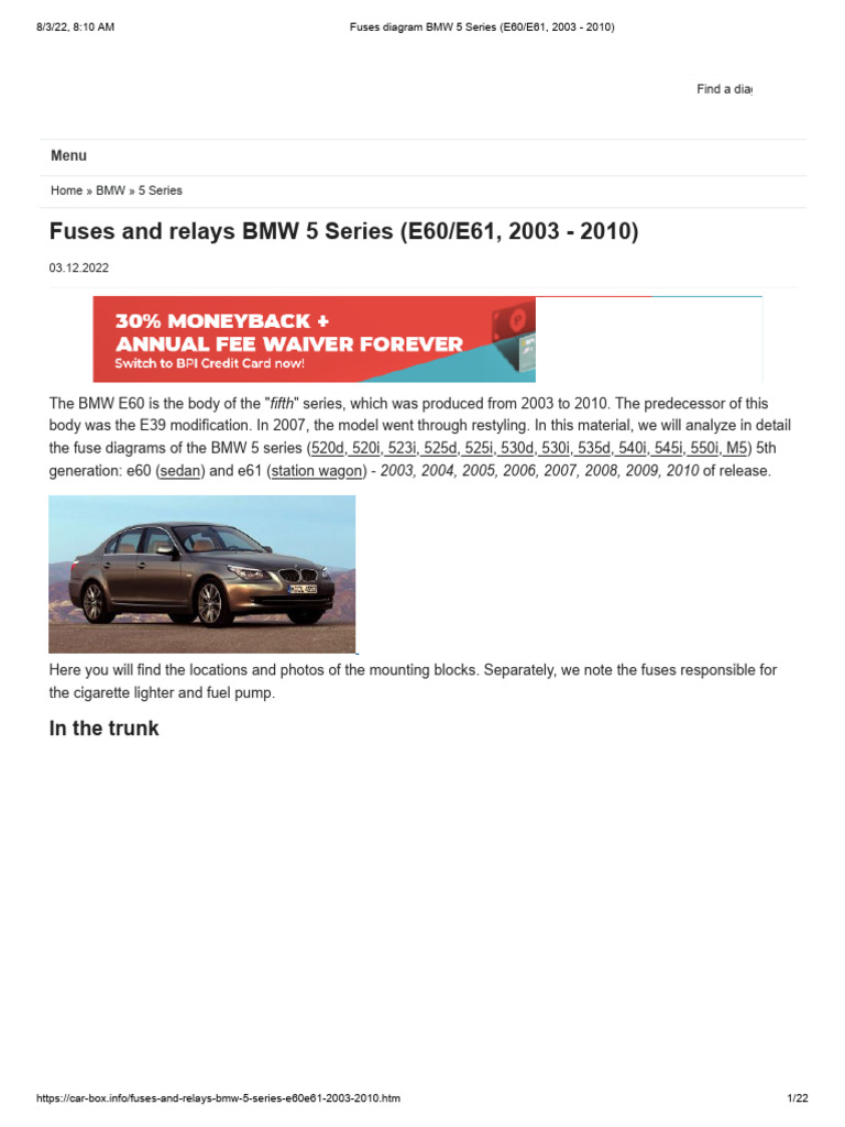BMW E60 Fuse Box Diagram PDF | PDF | Automotive Industry | Motor Vehicle