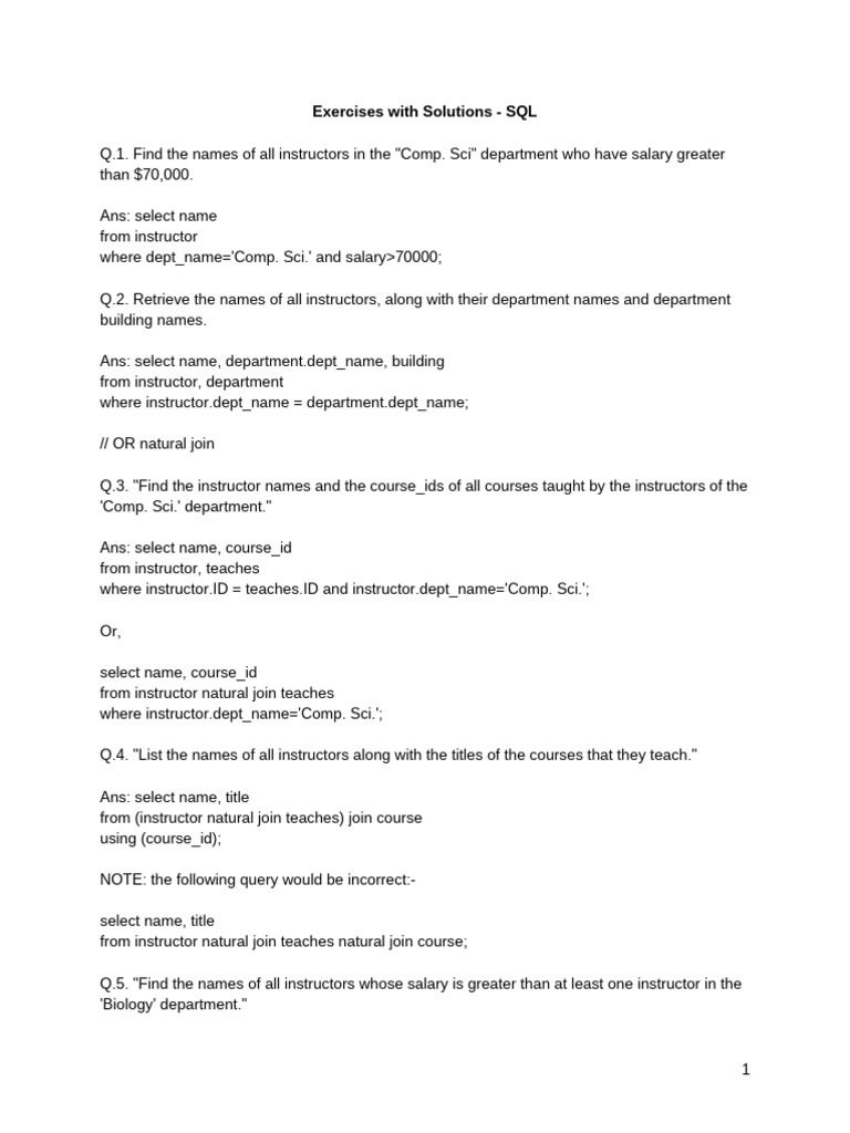 Exercises With Solutions - SQL (1) | PDF | Databases | Data Management