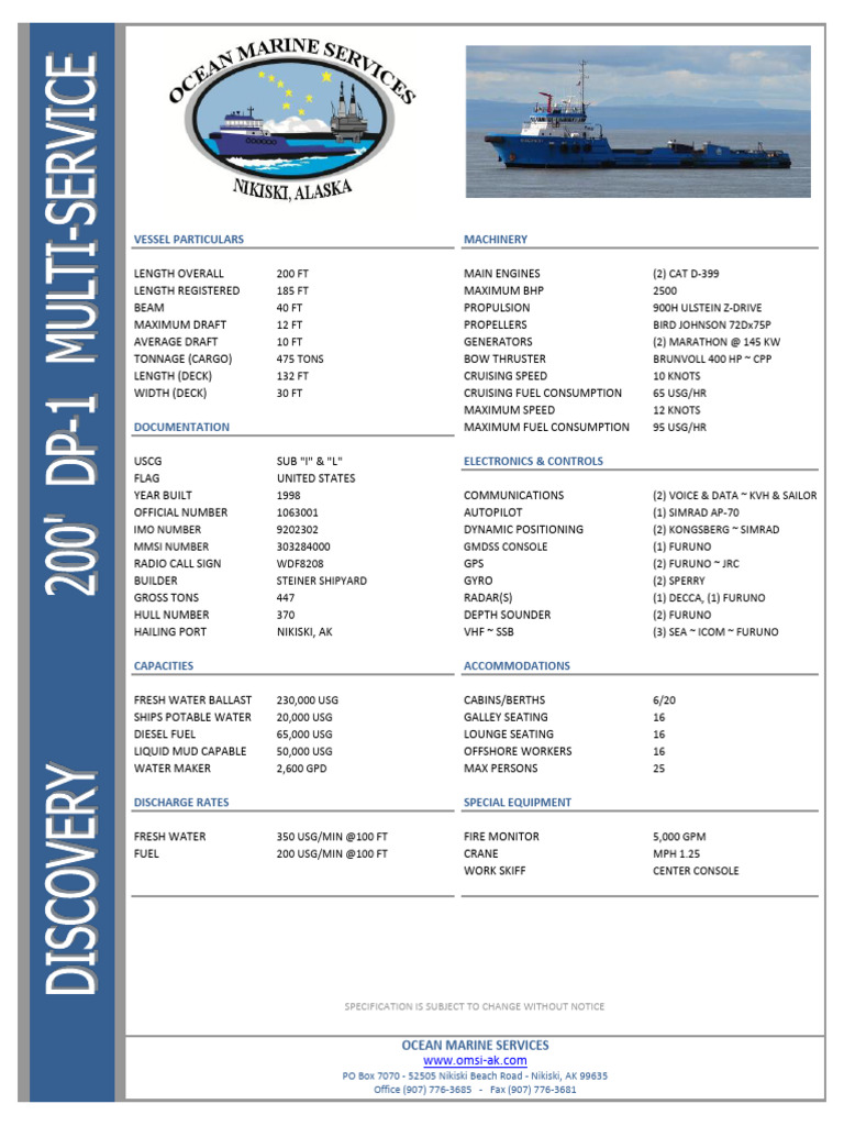 200' DP-1 Multi-Service Vessel Specs | PDF | Ships | Shipping