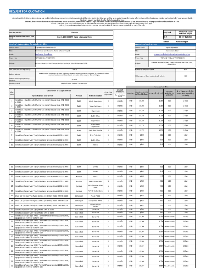 RFQ 06-013-KBL-2023 - Northern Region | PDF | Compact Car | Four Wheel Drive