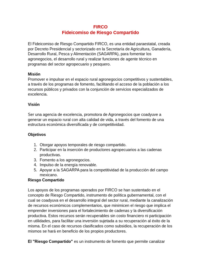 FIRCO: Fomento de Agronegocios Rurales | PDF | Agronegocios | Inversiones